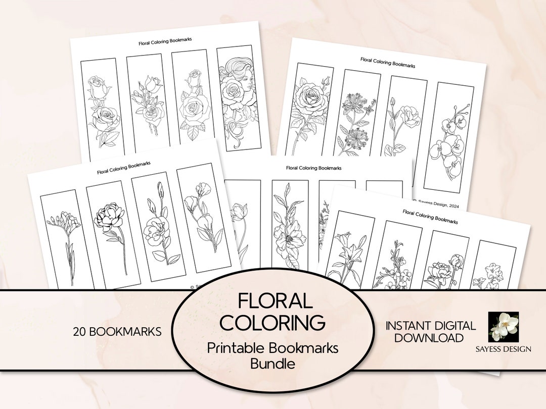 Printable Floral Coloring Bookmarks Bundle, Coloring Gift, DIY ...