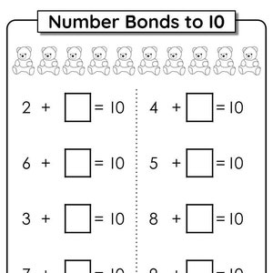 Number Bonds to 10 Worksheets: Kindergarten Homeschool Activity (PDF ...