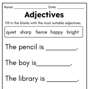 Adjectives Worksheet: Fill-in-the-blank Practice (PDF) - Etsy