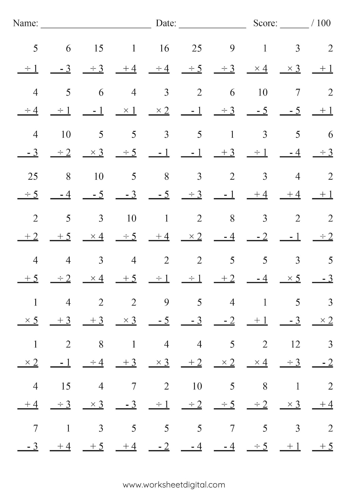 10 Printable Math Drills Addition, Subtraction, Multiplication ...