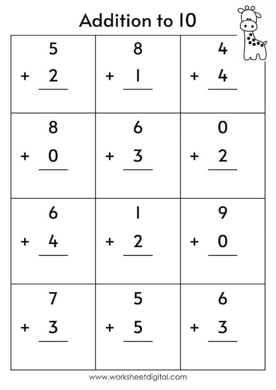 10 Printable Addition Worksheets. Addition to 10 With Numbers - Etsy ...