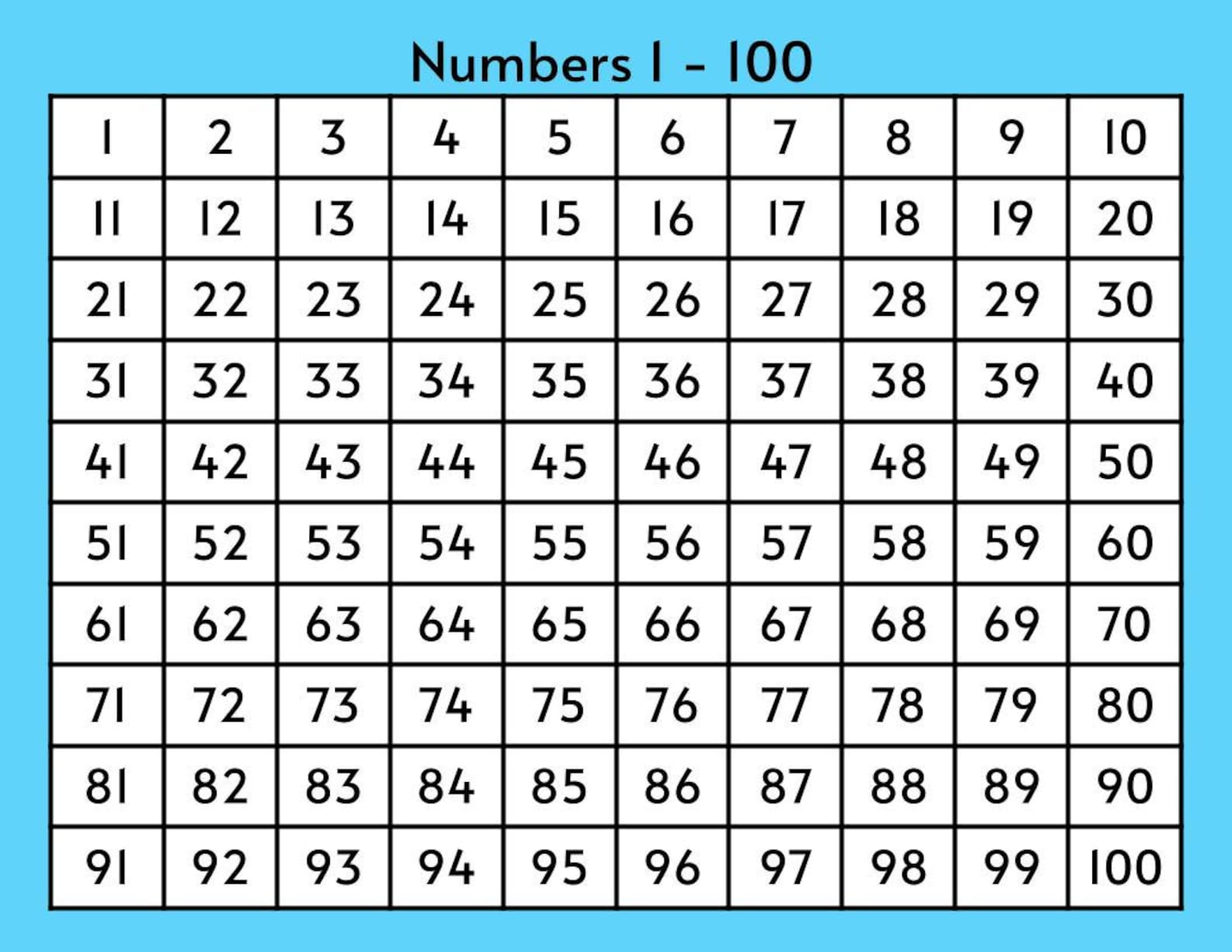 Number Chart 1 to 100, 100 Number Chart, Printable in Colors, Black and ...