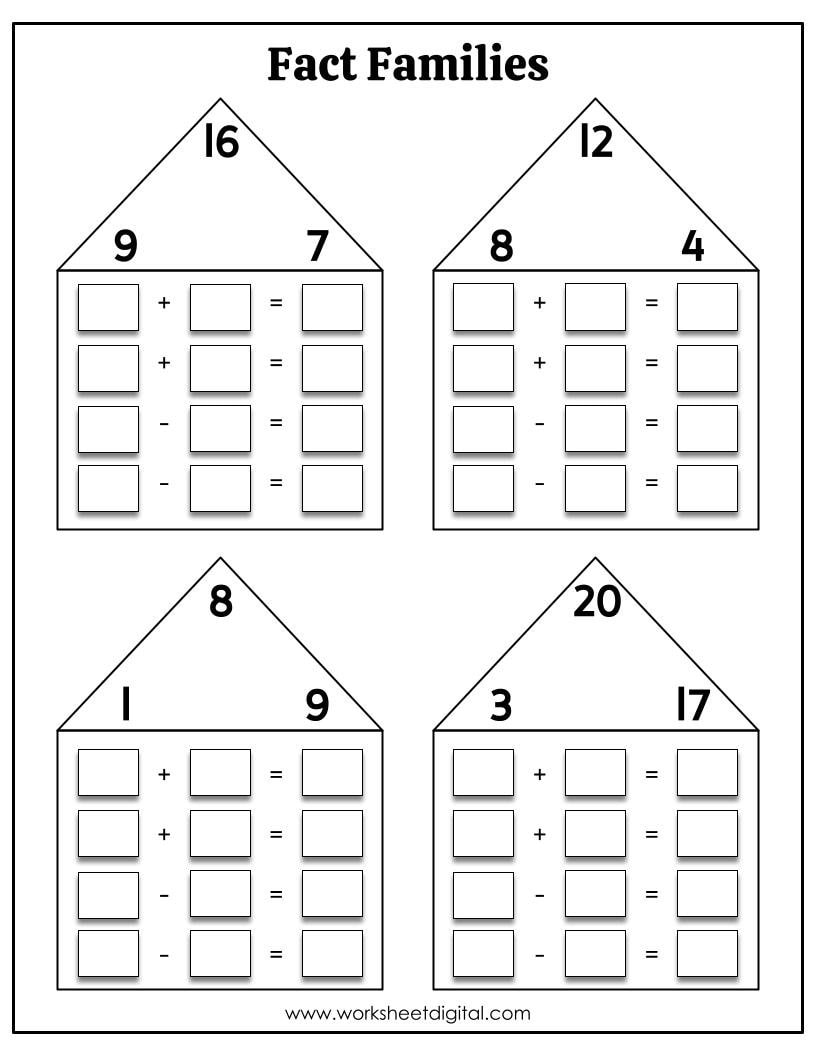 Number Fact Families Worksheet: Addition & Subtraction to 20 (digital ...