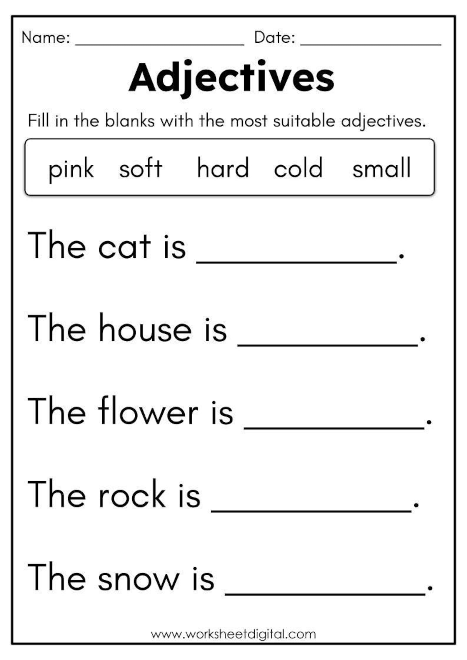 Adjectives Worksheet: Fill-in-the-blank Practice (PDF) - Etsy