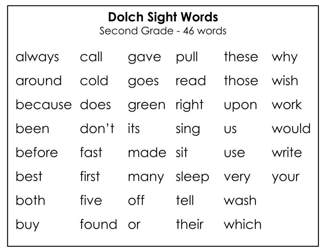 Printable Dolch Second Grade Sight Words Flashcards 46 Cards, Child ...