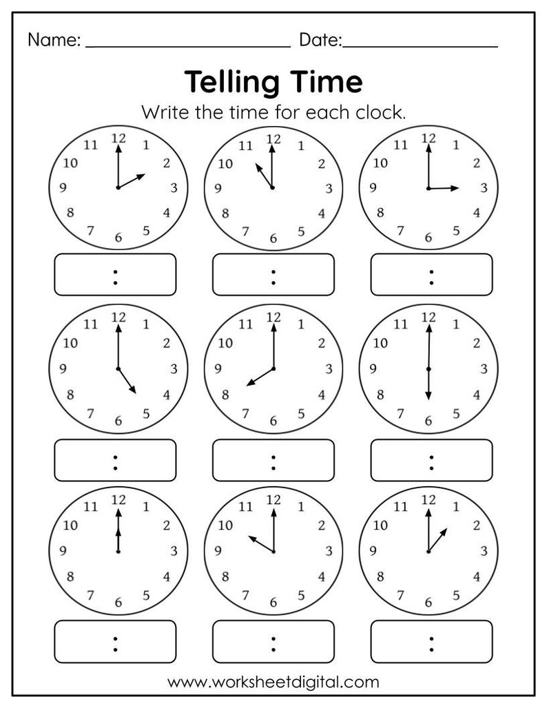 16 Telling Time to the Hour Worksheet, Kindergarten, First Grade ...