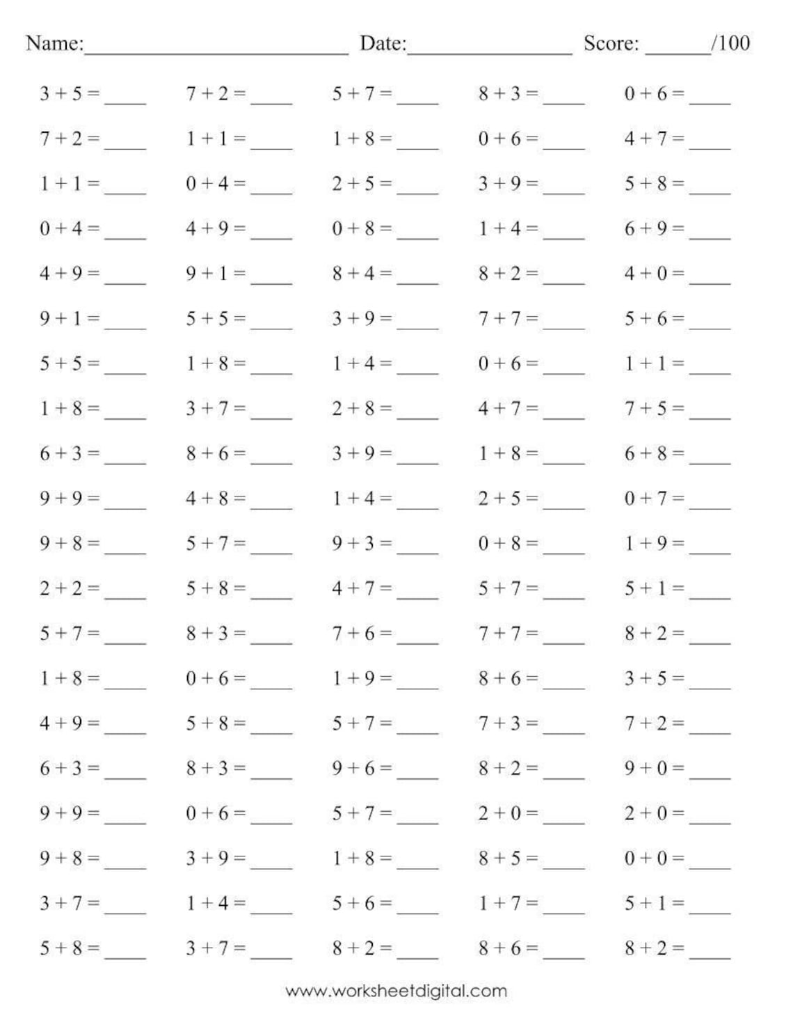 10 exercices mathématiques à imprimer, additions, nombres de 0 à 9 ...