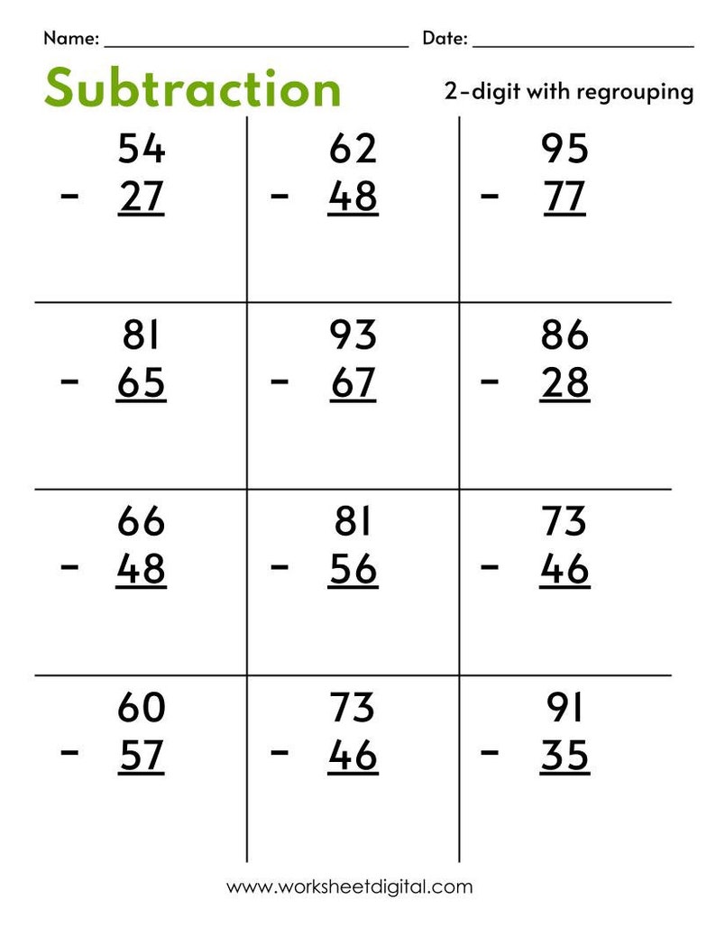 10 Printable Two Digit Subtraction Worksheets (with Regrouping), Math ...