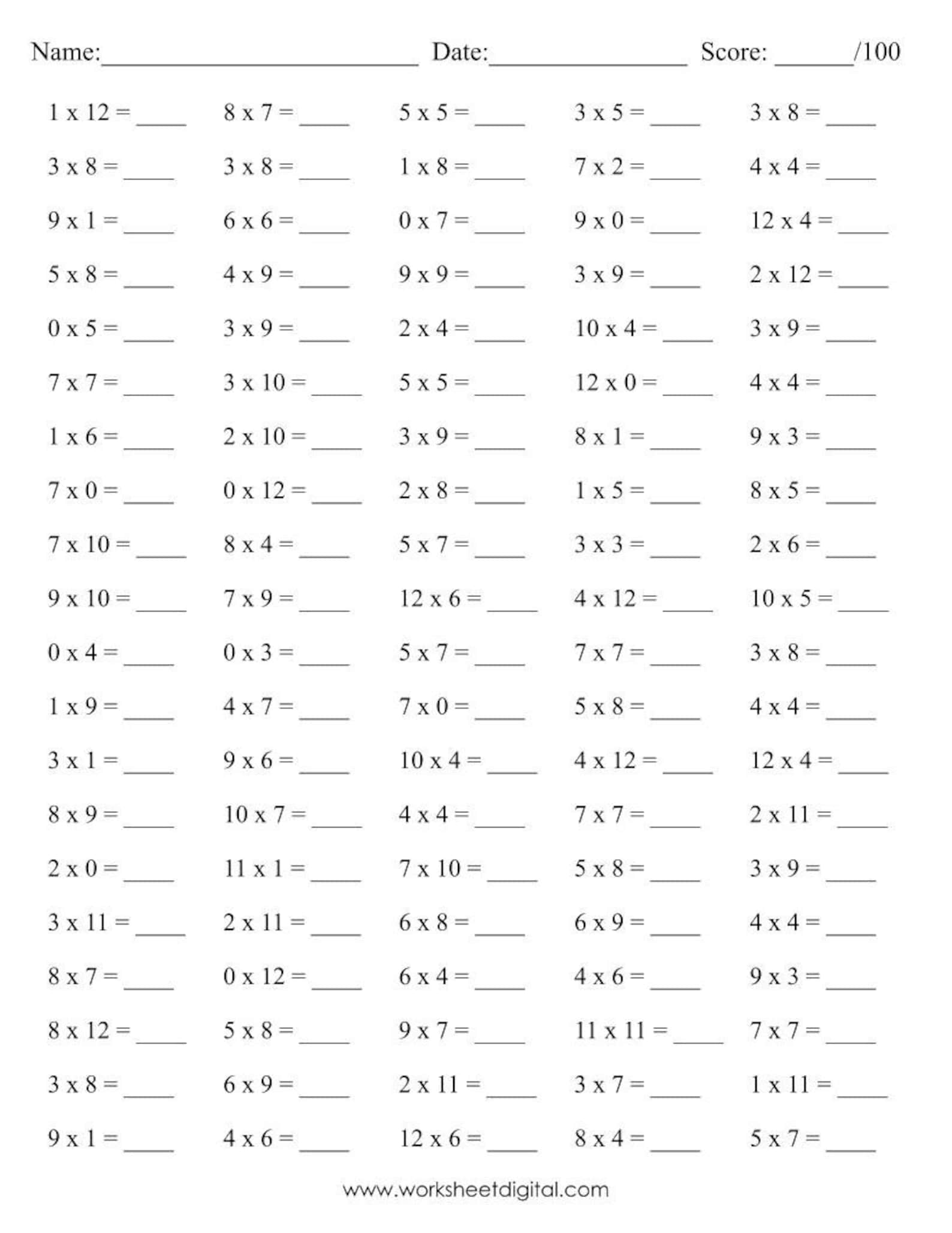 Multiplication Math Drills: Timetable 0-12 Practice (instant Download ...