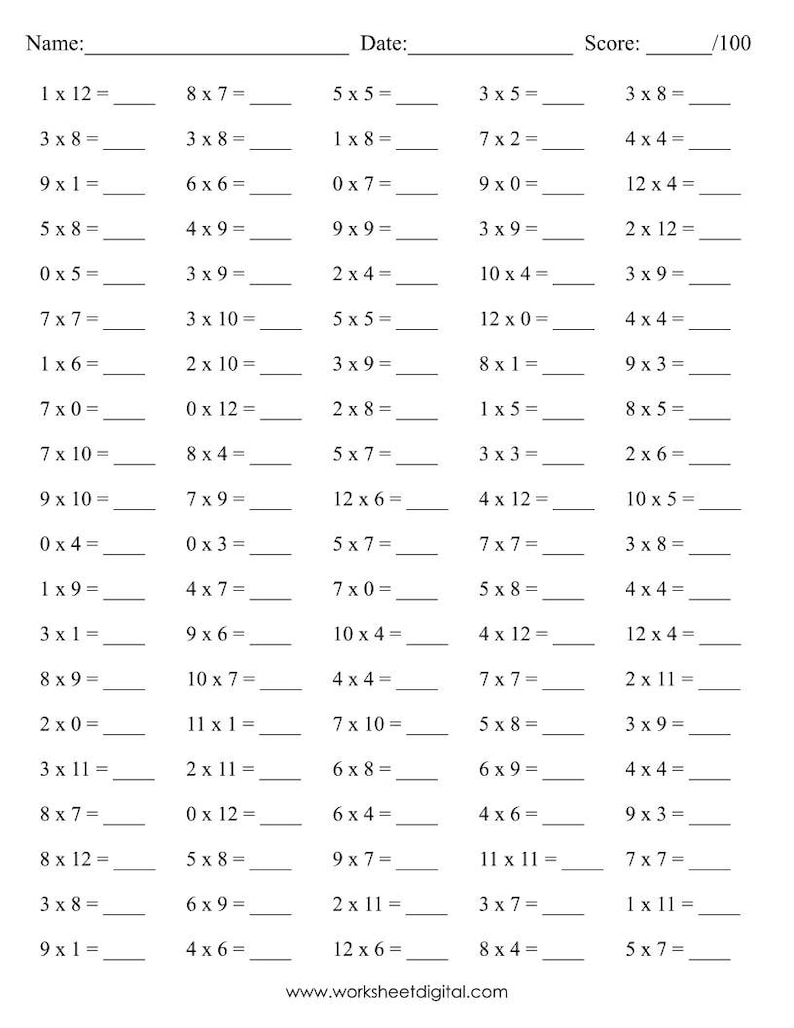 Multiplication Math Drills: Timetable 0-12 Practice (instant Download ...