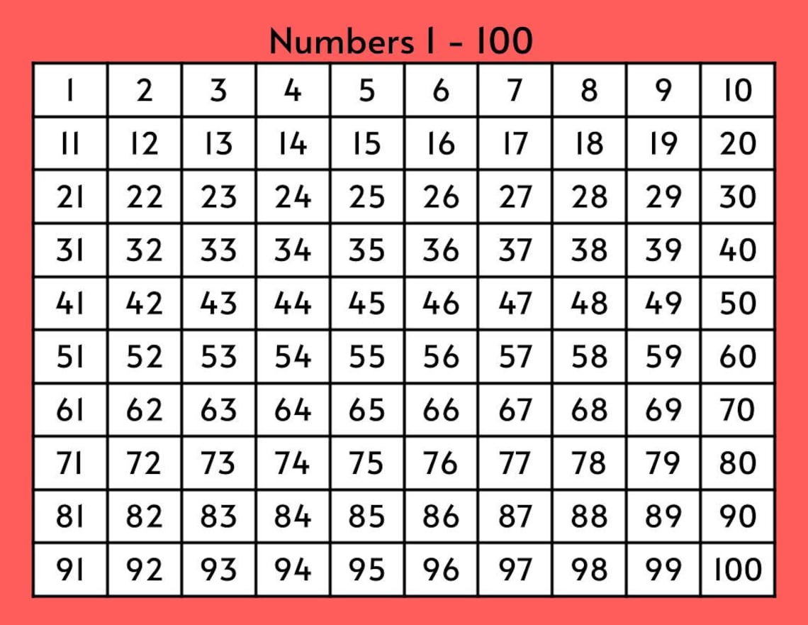 Number Chart 1 to 100, 100 Number Chart, Printable in Colors, Black and ...
