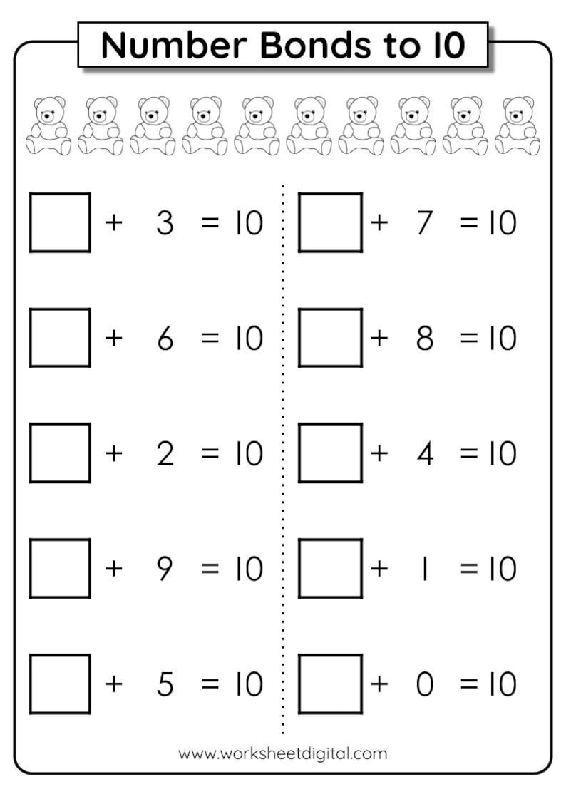 Number Bonds to 10 Math Worksheets, Numbers 1 to 10, Kindergarten ...
