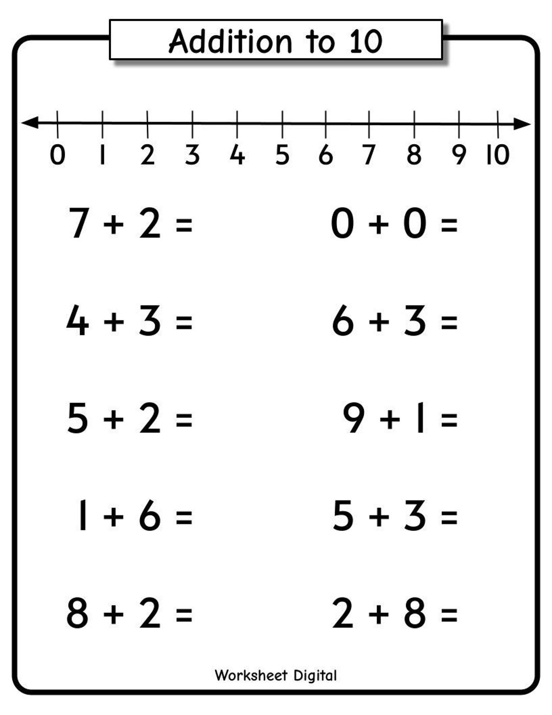 10 Printable Single Digit Addition to 10 With Number Line Worksheets ...