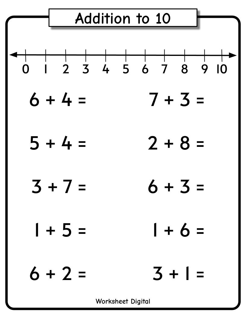 10 Printable Single Digit Addition to 10 With Number Line Worksheets ...