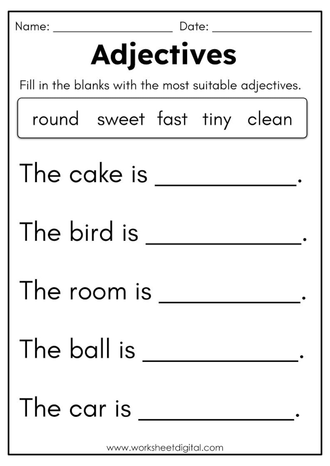 Adjectives Worksheet: Fill-in-the-blank Practice (PDF) - Etsy
