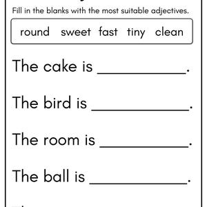 Adjectives Worksheet: Fill-in-the-blank Practice (PDF) - Etsy
