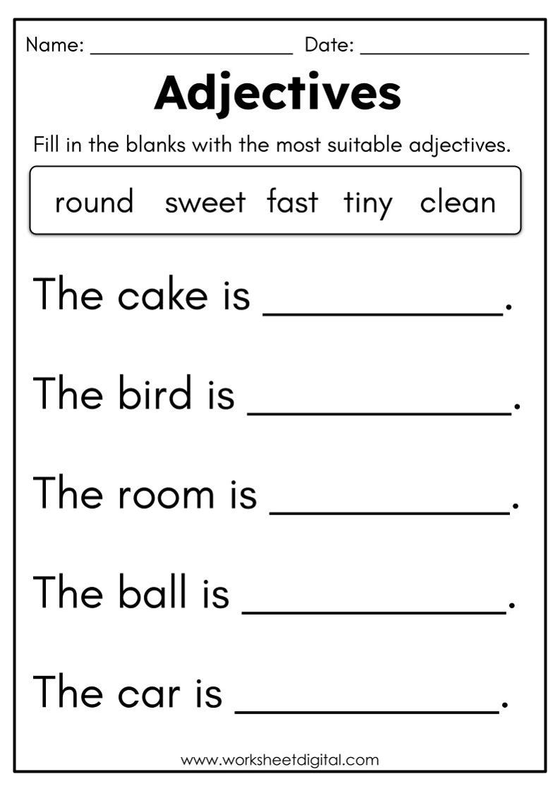 Adjectives Worksheet: Fill-in-the-blank Practice (PDF) - Etsy