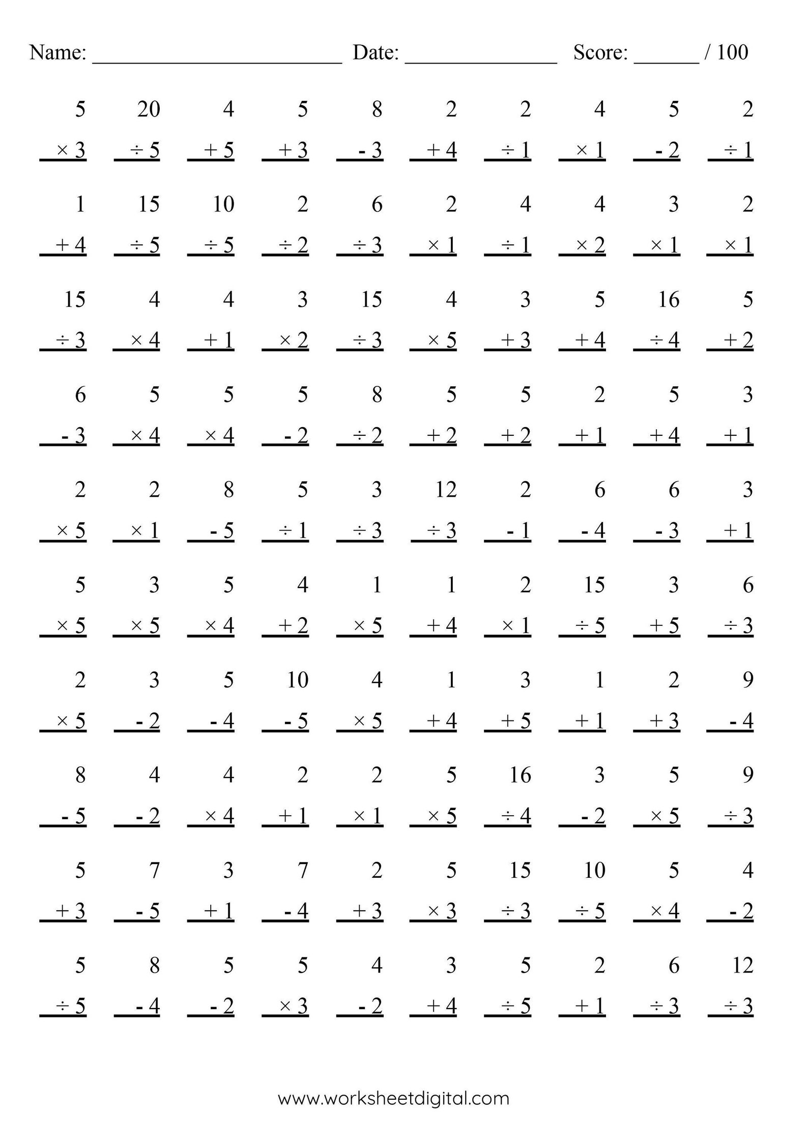 10 Printable Math Drills Addition, Subtraction, Multiplication ...