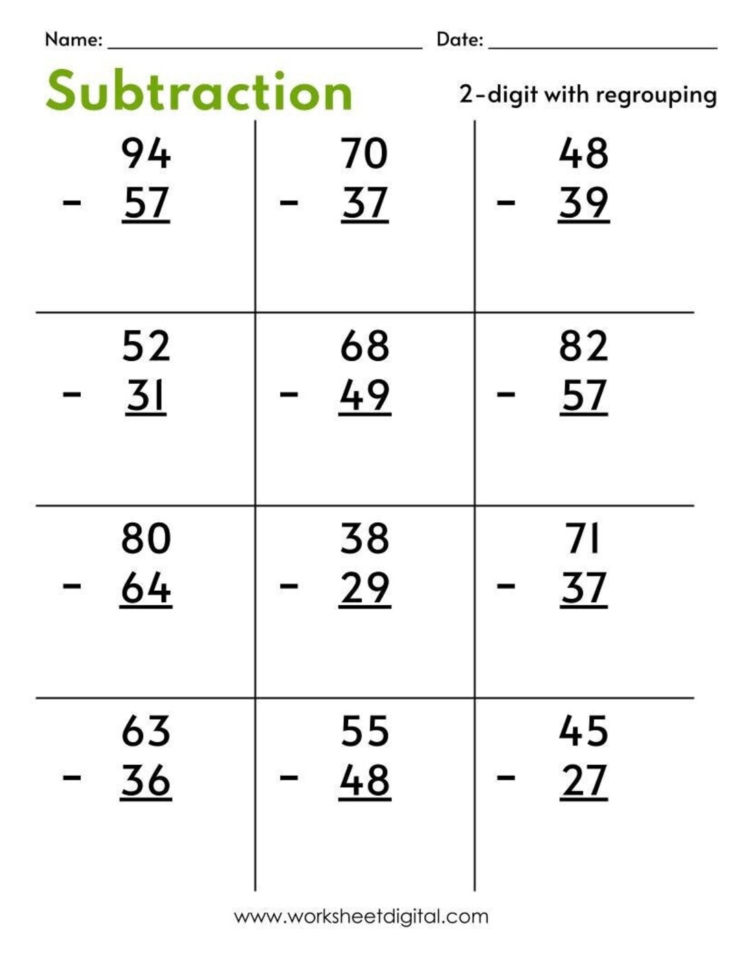 10 Printable Two Digit Subtraction Worksheets with Regrouping Math
