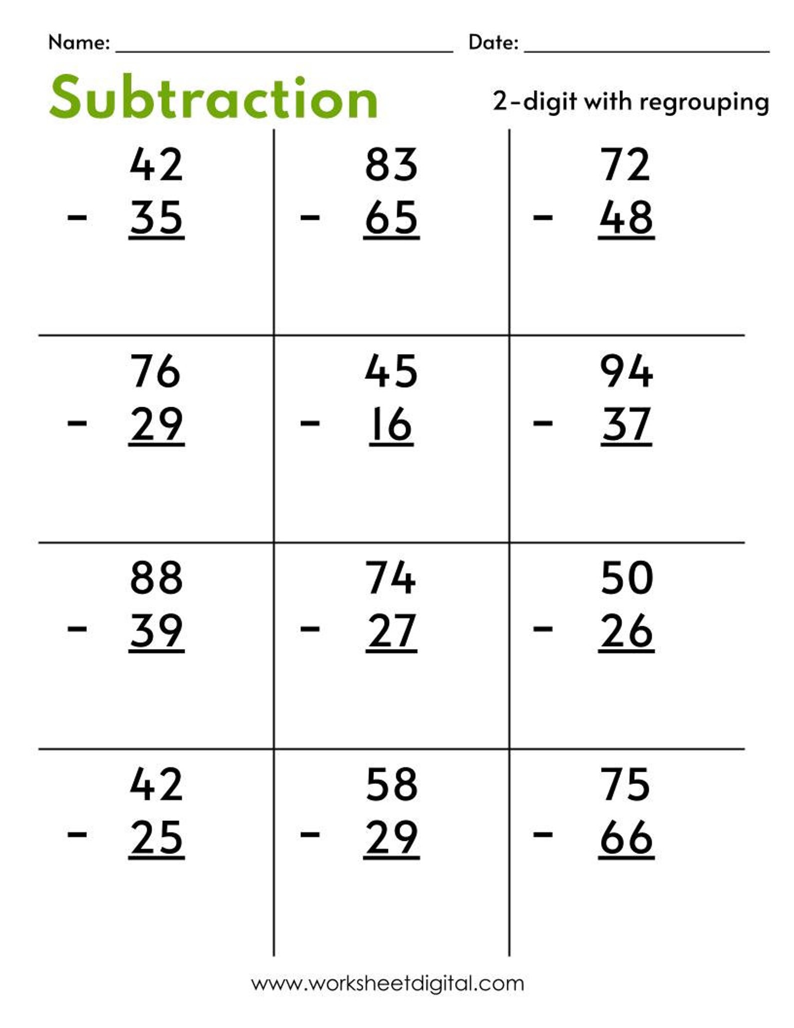Two Digit Subtraction Worksheets: With Regrouping (PDF) - Etsy