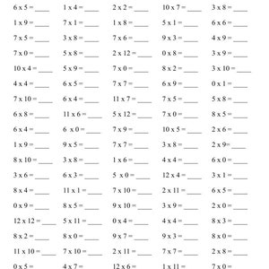 Multiplication Math Drills: Timetable 0-12 Practice (instant Download ...