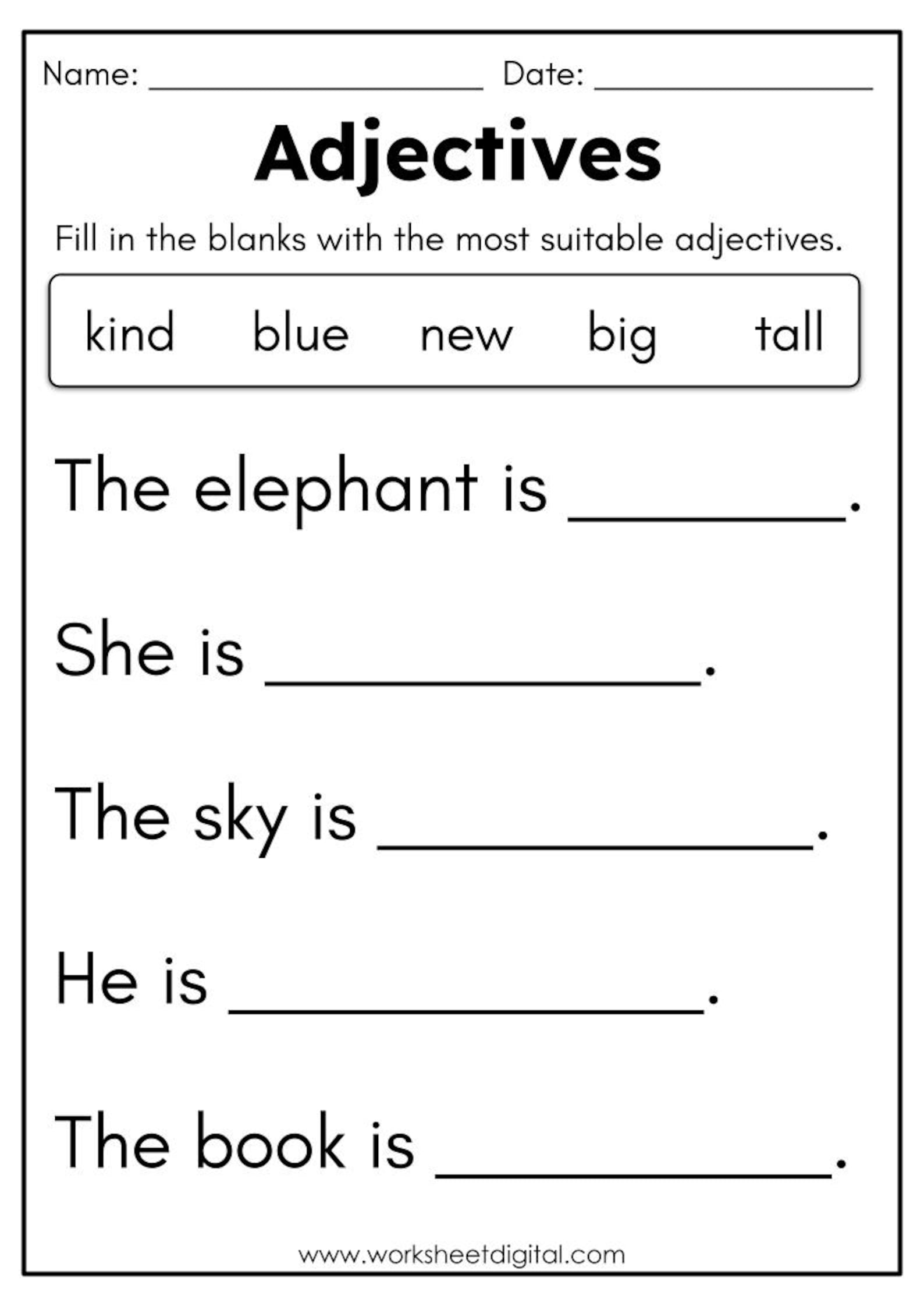 Adjectives Worksheet: Fill-in-the-blank Practice (PDF) - Etsy