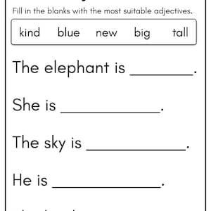 Adjectives Worksheet: Fill-in-the-blank Practice (PDF) - Etsy