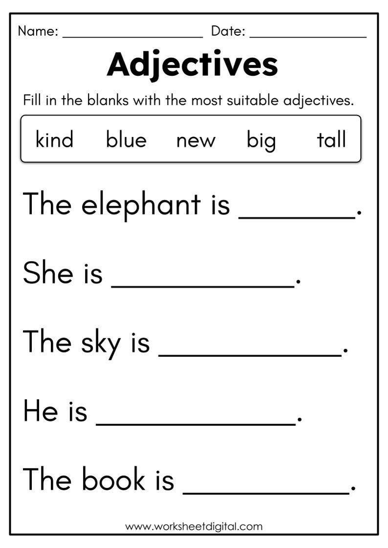 Adjectives Worksheet: Fill-in-the-blank Practice (PDF) - Etsy