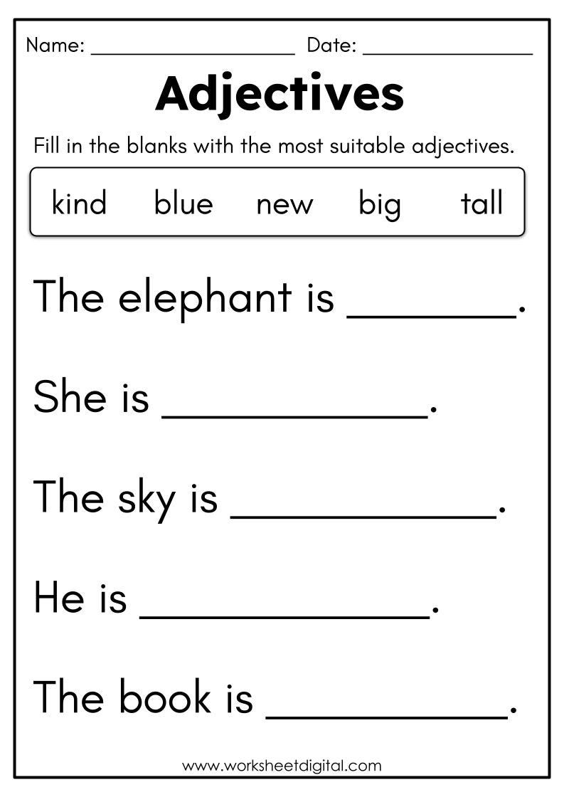 Adjectives Worksheet: Fill-in-the-blank Practice (PDF) - Etsy
