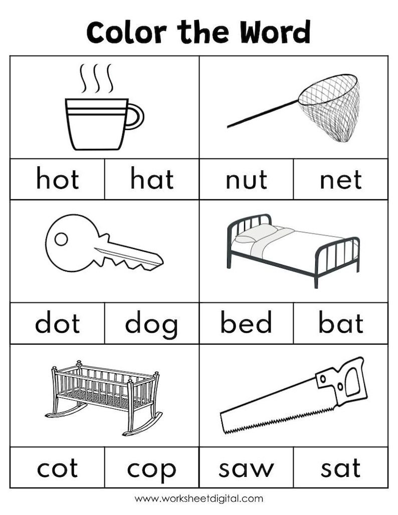 CVC Words, Color the CVC Words, Phonics Worksheets, Kindergarten, Preschool, Homeschool ...