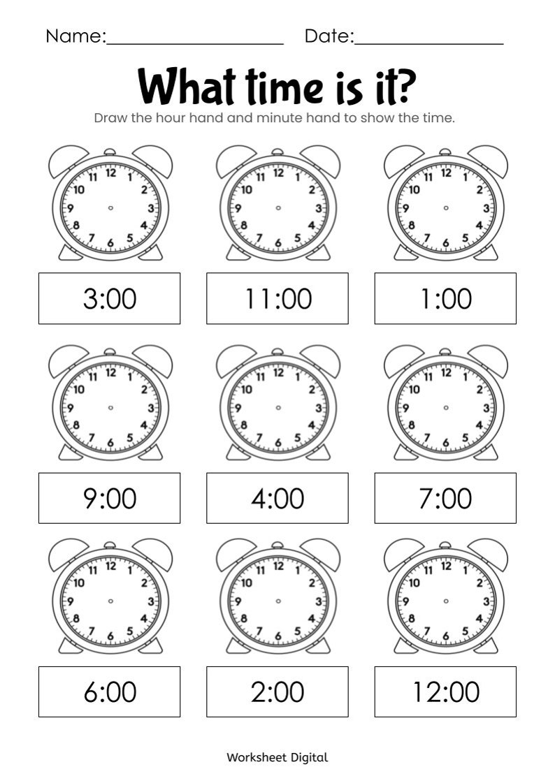 Telling Time Hour Clock Printable, Educational Prints, Kindergarten ...