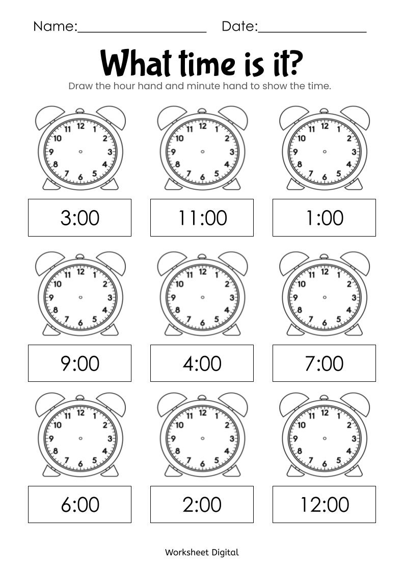 Telling Time Hour Clock Printable, Educational Prints, Kindergarten ...