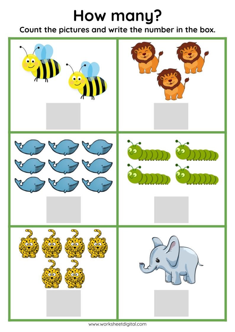 Counting Animals, Number 1 to 10, Kindergarten Worksheet, Preschool ...