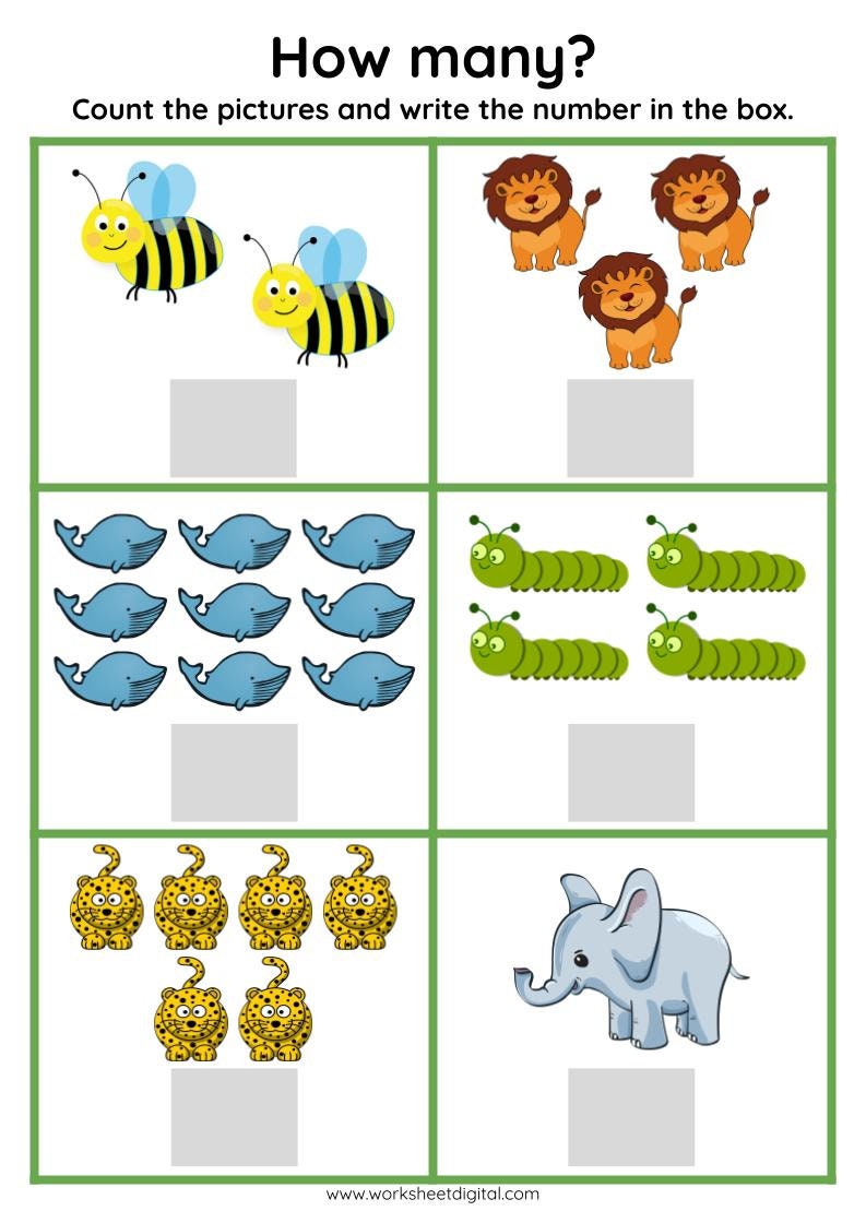Counting Animals, Number 1 to 10, Kindergarten Worksheet, Preschool ...