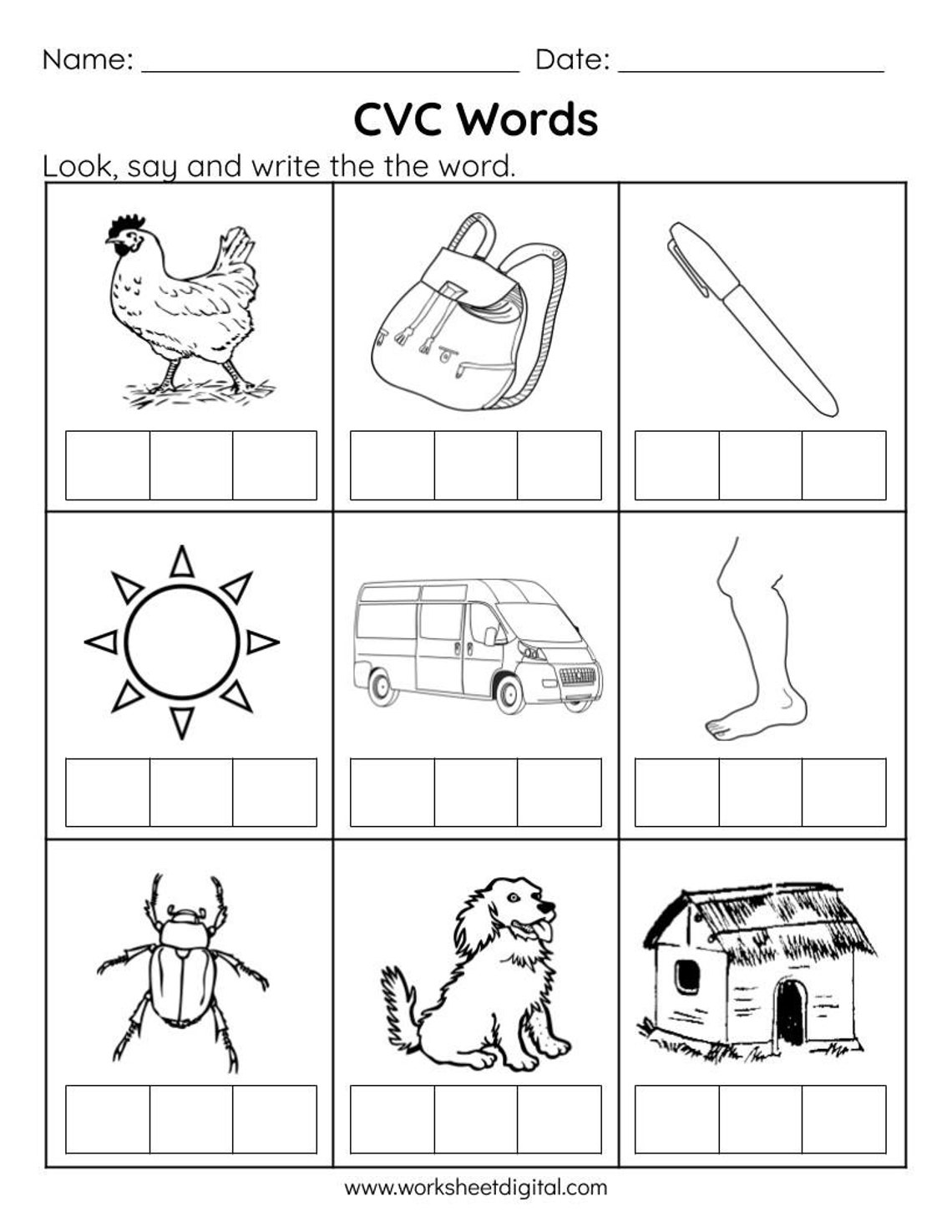 CVC Words Phonics Worksheets: Say and Write (printable With Answers) - Etsy