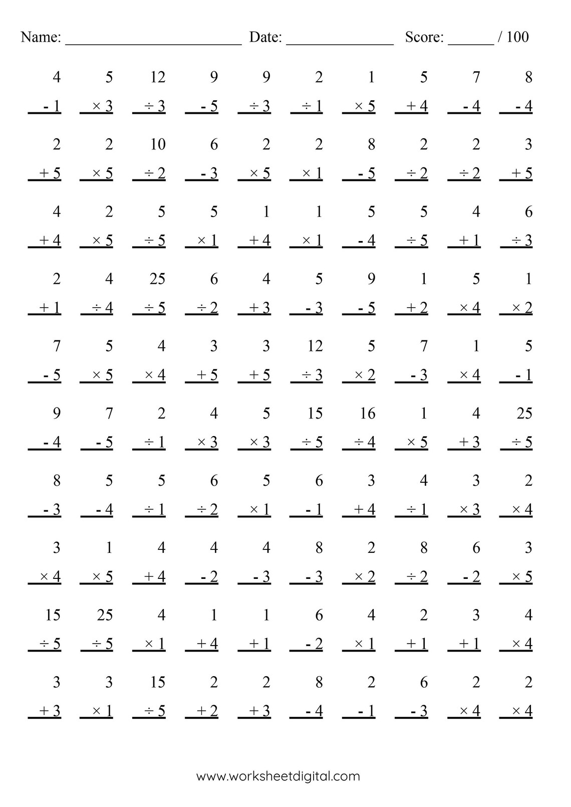 10 Printable Math Drills Addition, Subtraction, Multiplication ...