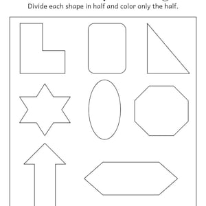 Printable Fractions Worksheet: Divide Shapes in Half (PDF) - Etsy