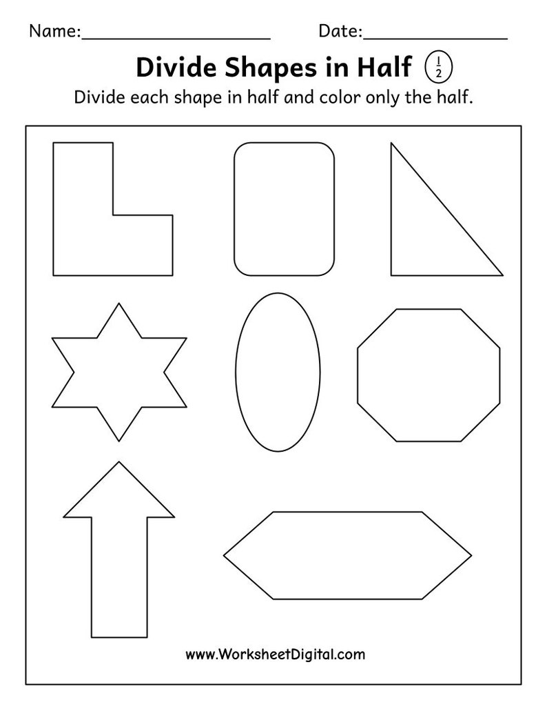 Printable Fractions Worksheet: Divide Shapes in Half (PDF) - Etsy