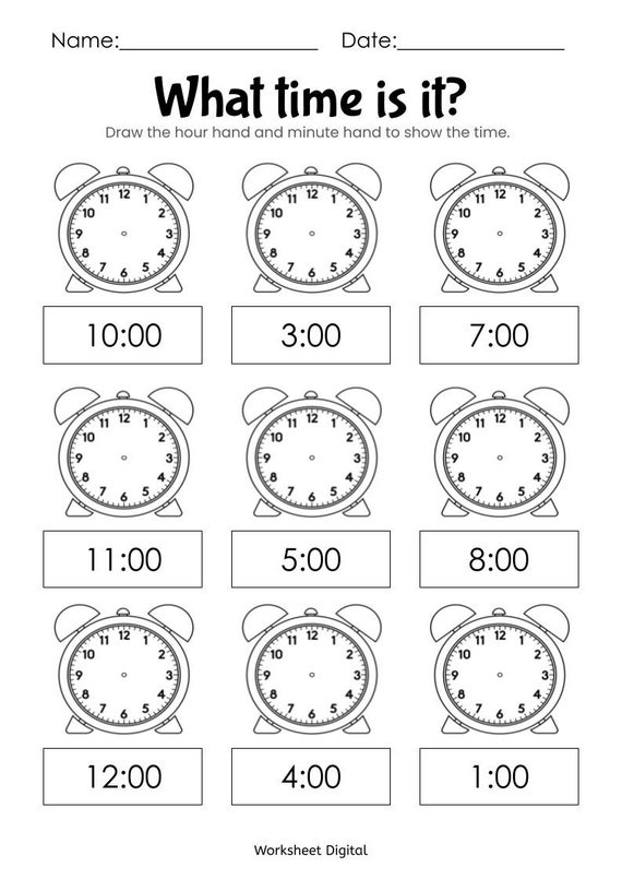 Clock Worksheet Telling Time Hour Clock Printable, Educational Prints