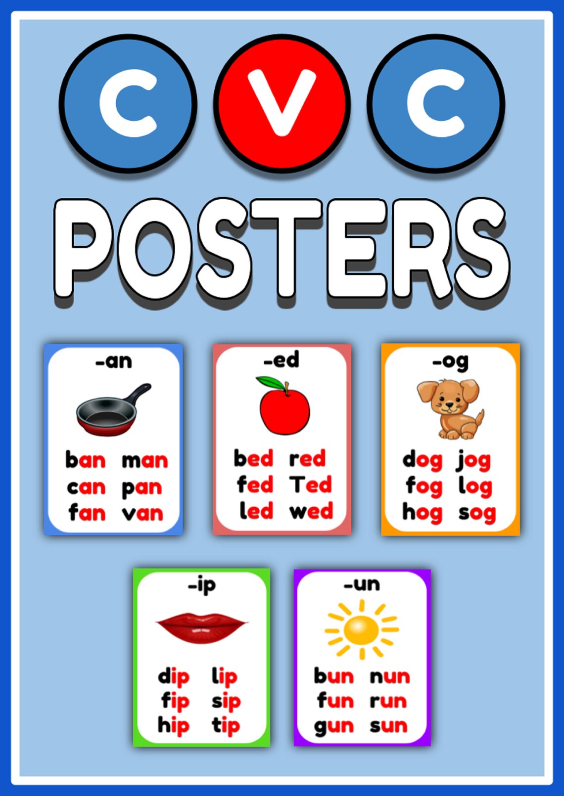 CVC Words Family Poster Short Vowels Kindergarten Preschool Homeschool ...