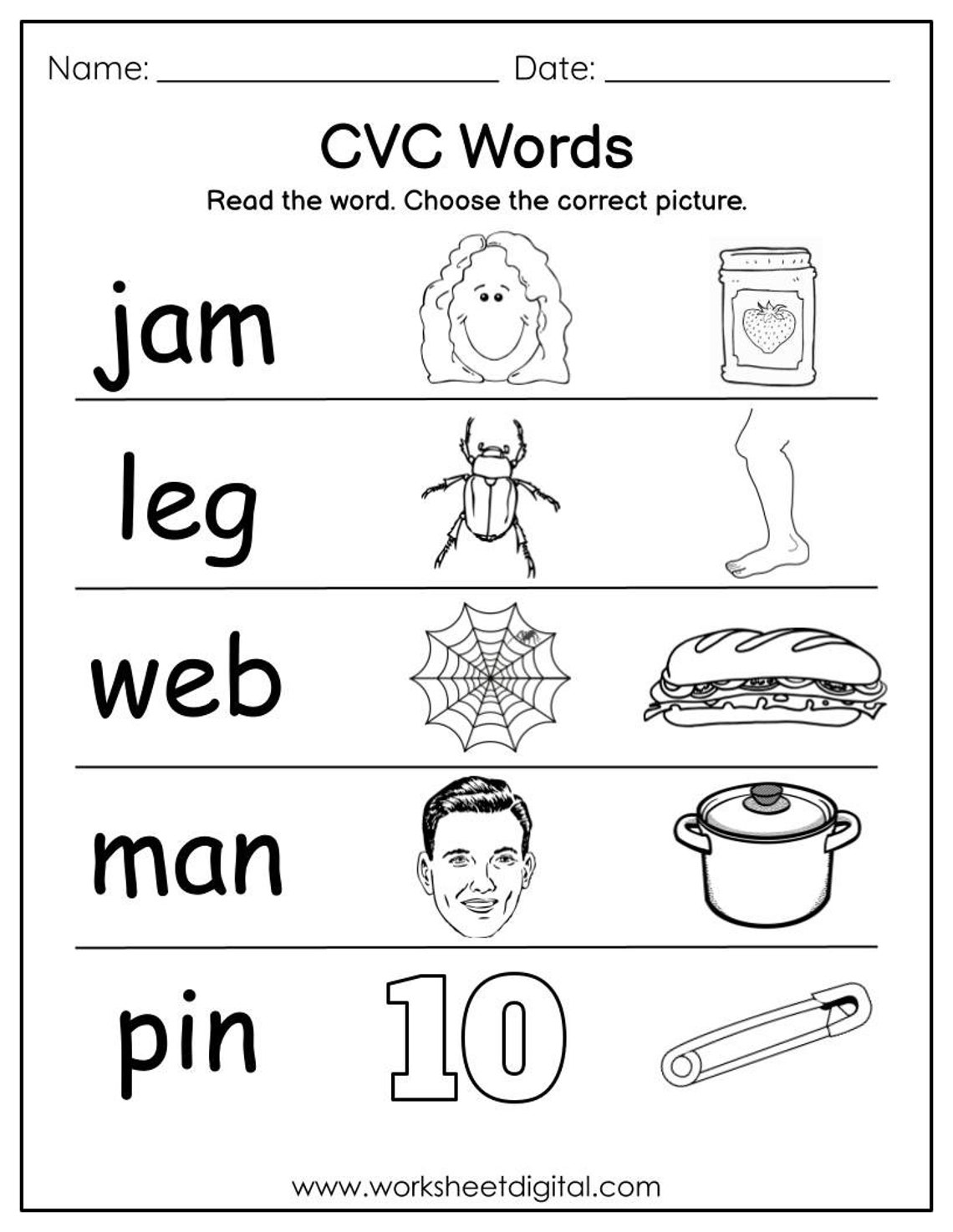 CVC Words Phonics Worksheets: Kindergarten Read & Choose (digital ...