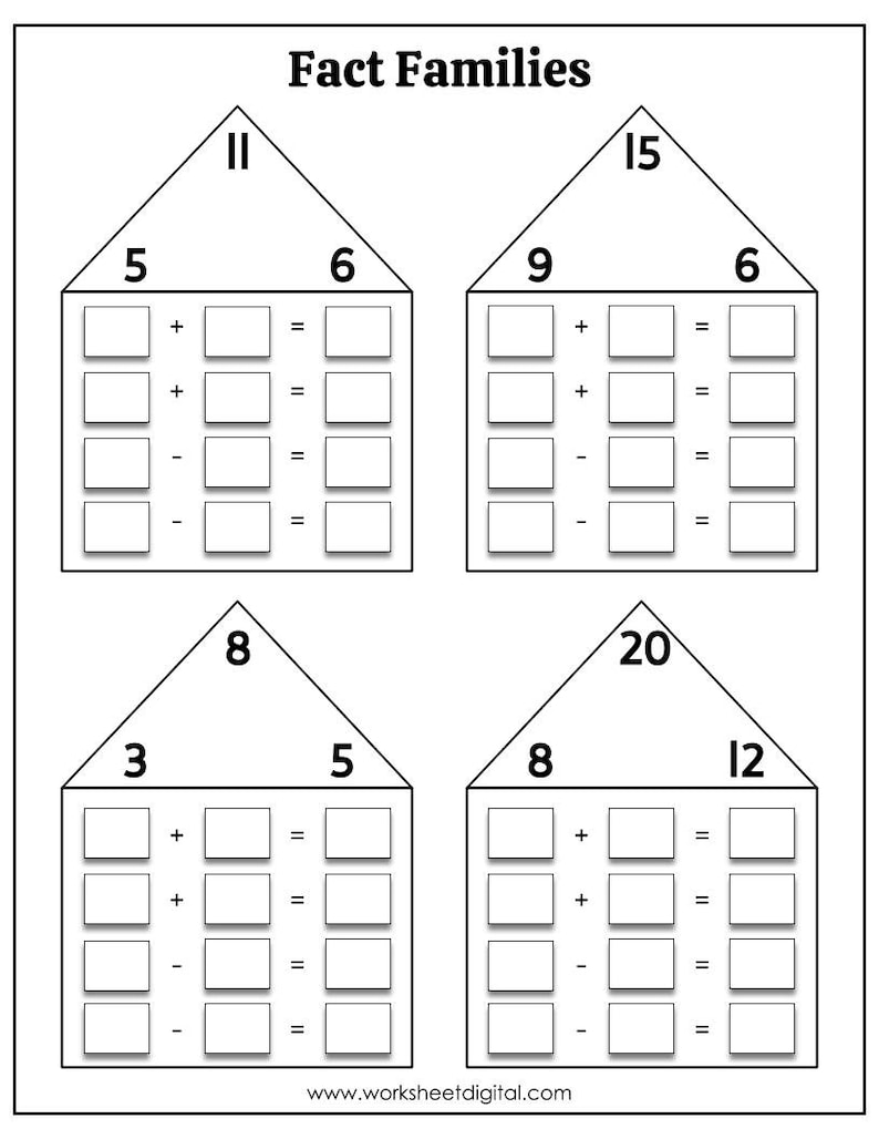 Number Fact Families Worksheet: Addition & Subtraction to 20 (digital ...
