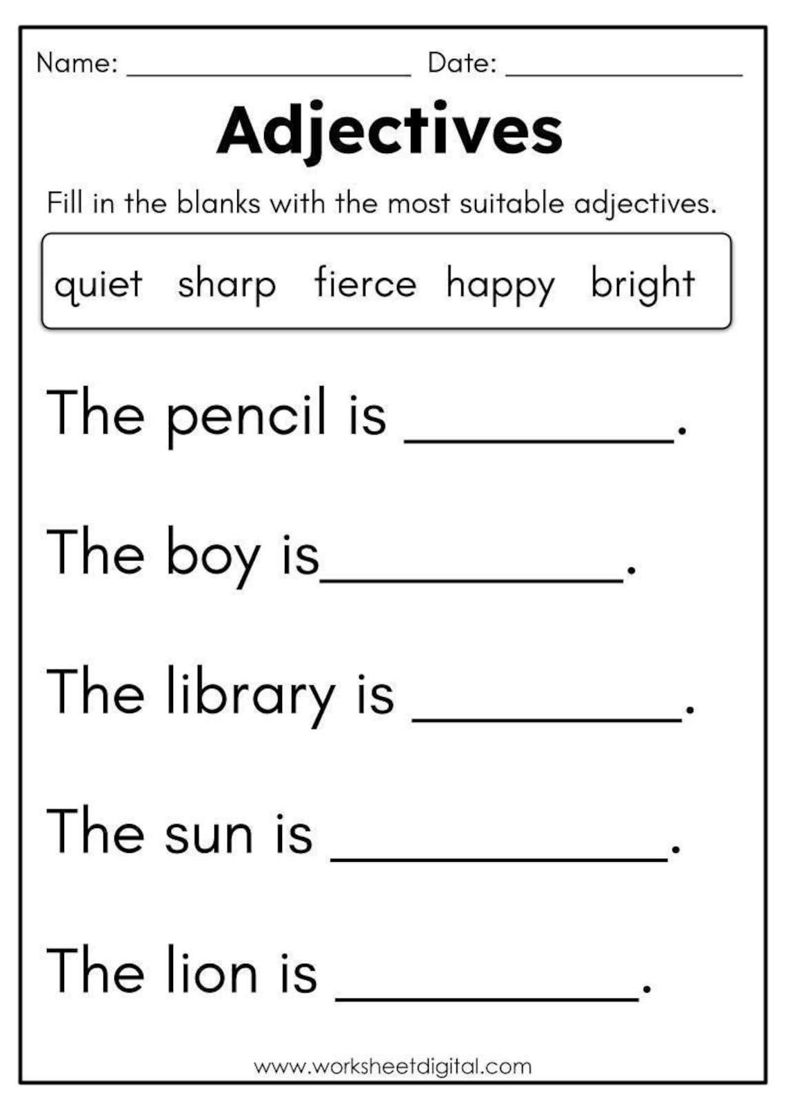 Adjectives Worksheet: Fill-in-the-blank Practice (PDF) - Etsy