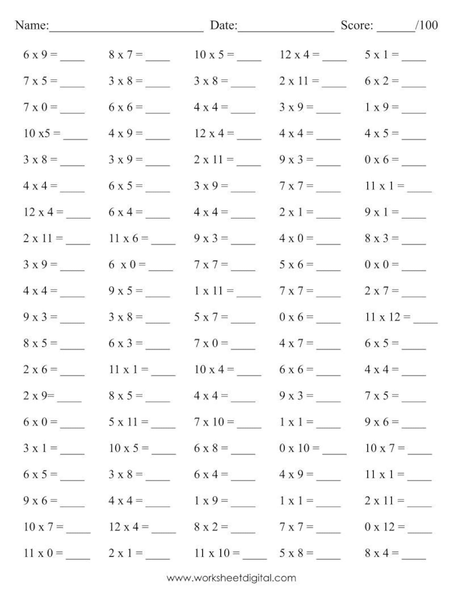 Multiplication Math Drills: Timetable 0-12 Practice (instant Download ...