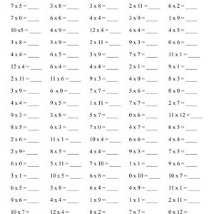 Multiplication Math Drills: Timetable 0-12 Practice (instant Download ...