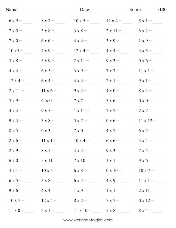 Multiplication Drill Practice Sheets