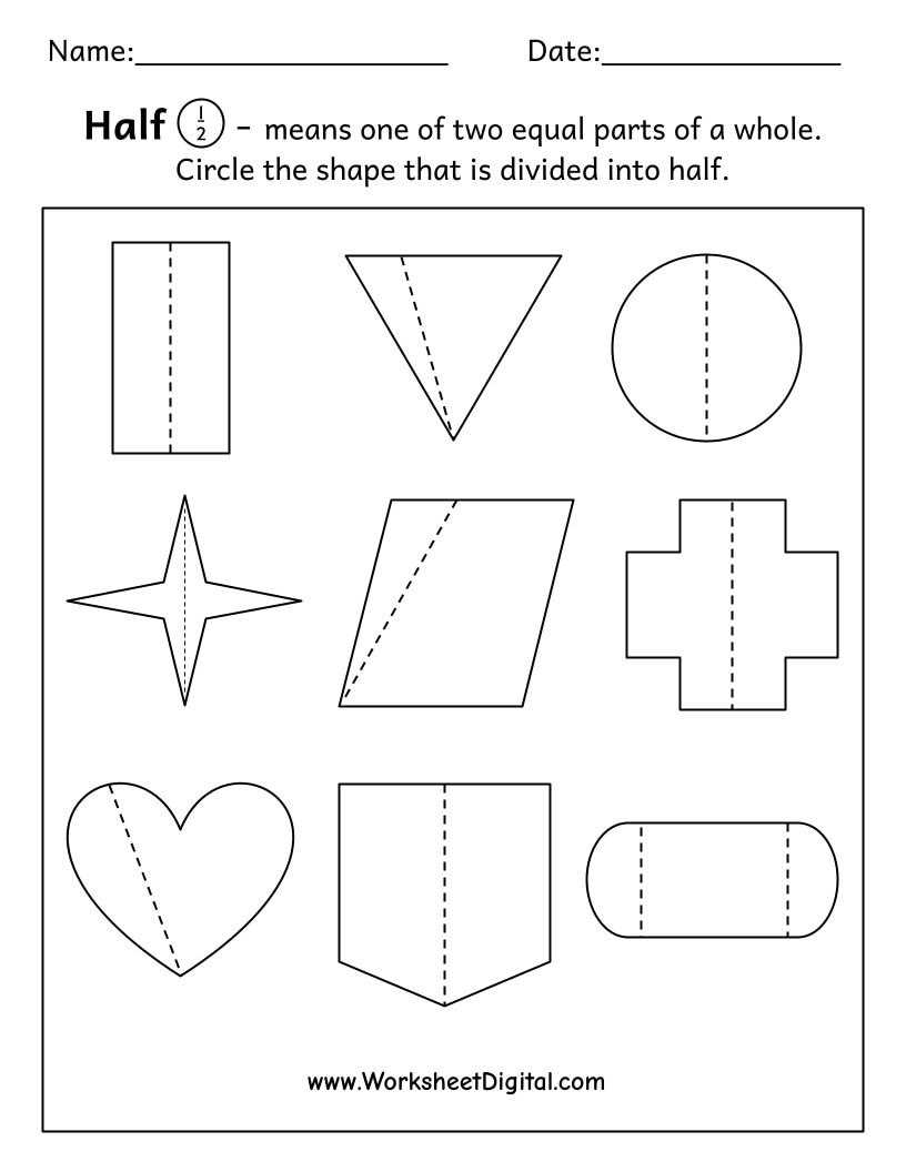 Printable Fractions Worksheet: Divide Shapes in Half (PDF) - Etsy