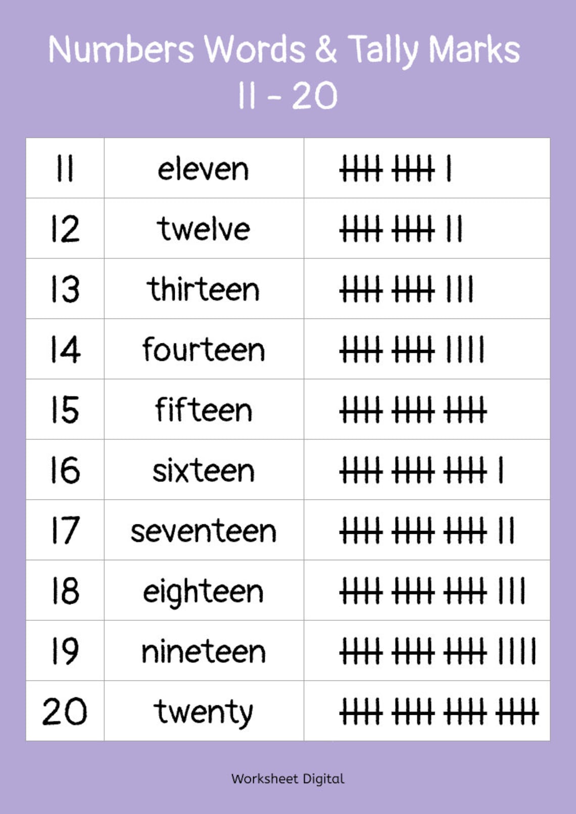 Numbers 1 20 Number Words and Tally Marks Printable - Etsy Canada