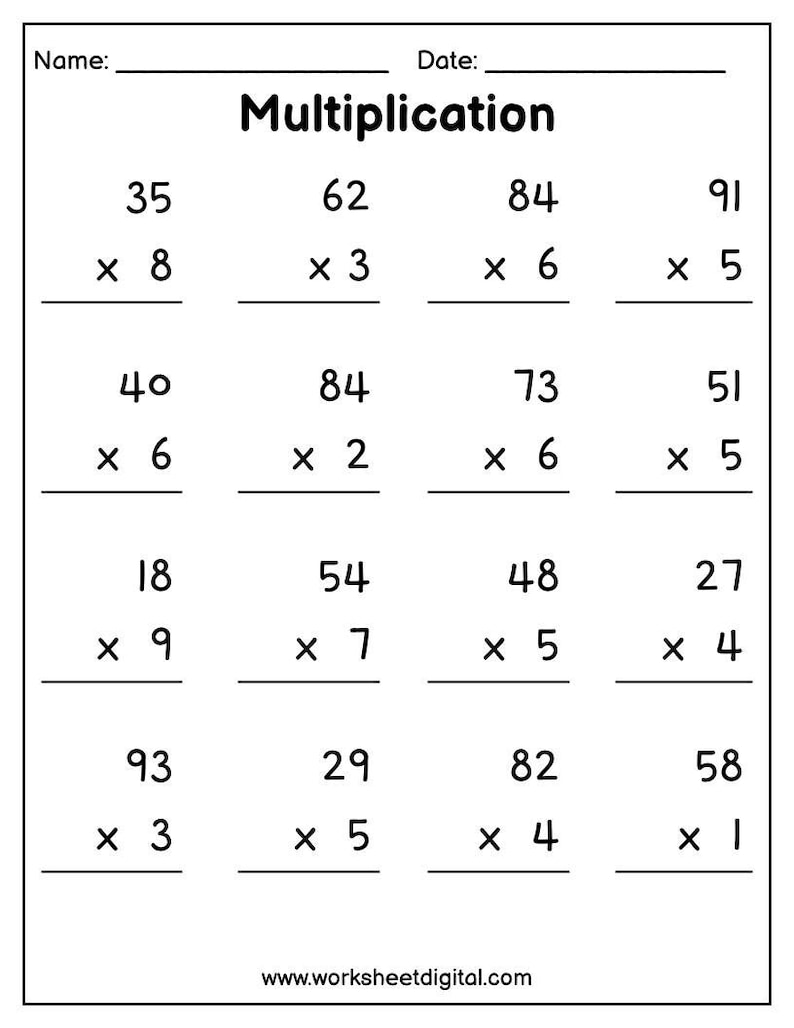 Printable Multiplication Worksheets: 2 Digit X 1 Digit (PDF) - Etsy