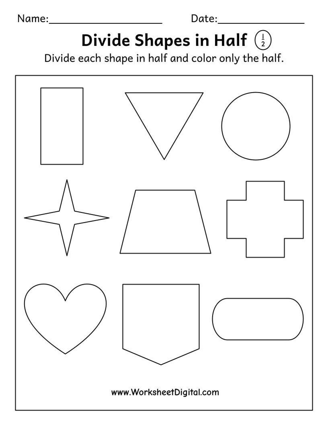 Printable Fractions Worksheet: Divide Shapes in Half (PDF) - Etsy